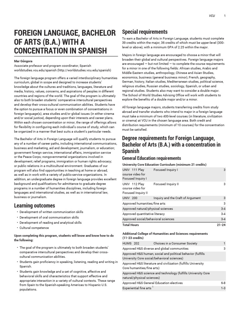 Foreign Language, Bachelor of Arts (b.a.) With a Concentration in ...