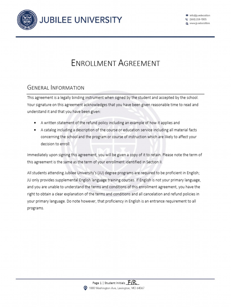 Jubilee University Enrollment Agreement | PDF | Fee | Student Financial ...