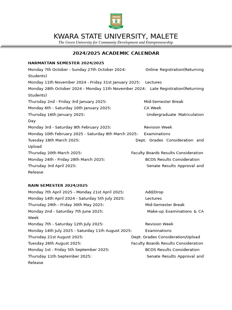 KWASU Academic Calendar 2024 - 2025 | PDF