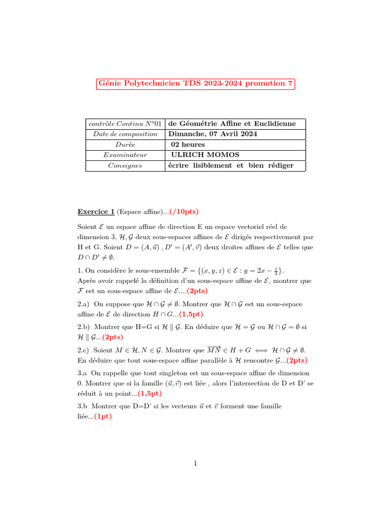 Contrôle Continu de Géométrie Affine Et Euclidienne | PDF | Algèbre ...