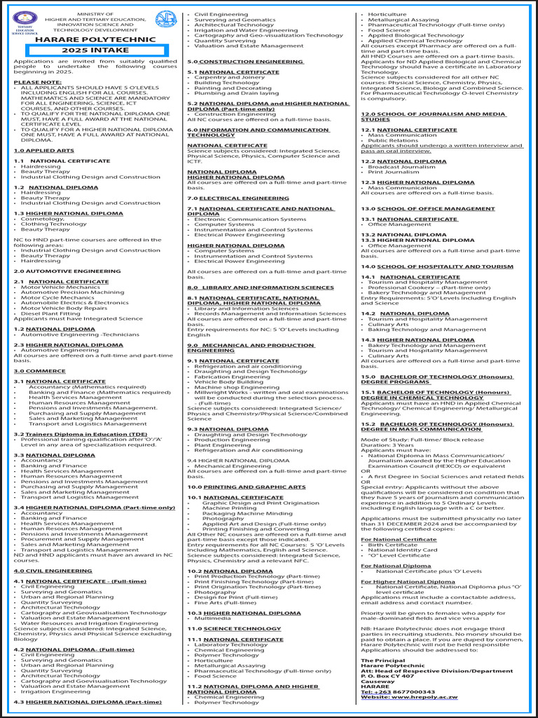 Harare Polytechnic 54x6 (1) | PDF | Engineering | Diploma