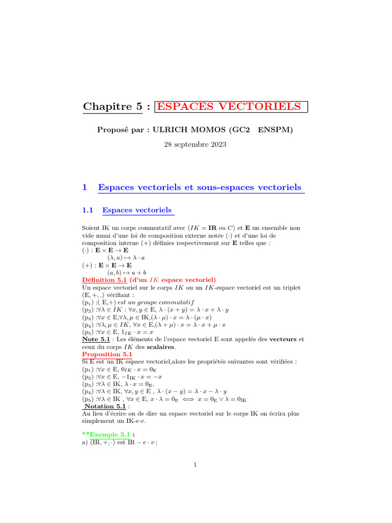 Espaces Vectoriels et Sous-Espaces | PDF | Espace vectoriel | Analyse ...