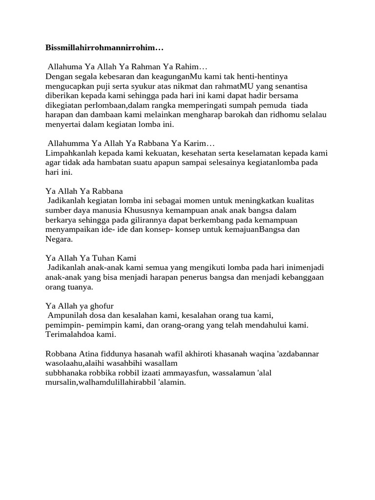 Teks Doa Lomba Sumpah Pemuda 2024 | PDF