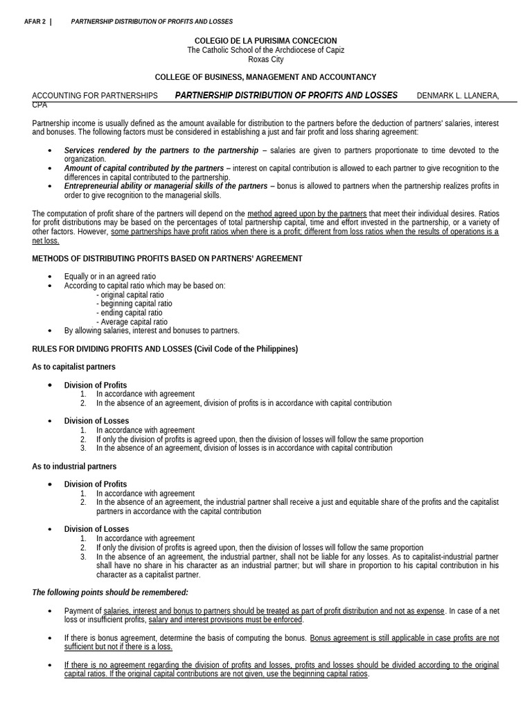 AFAR 2 Partnership Distribution of Profits and Losses | PDF ...