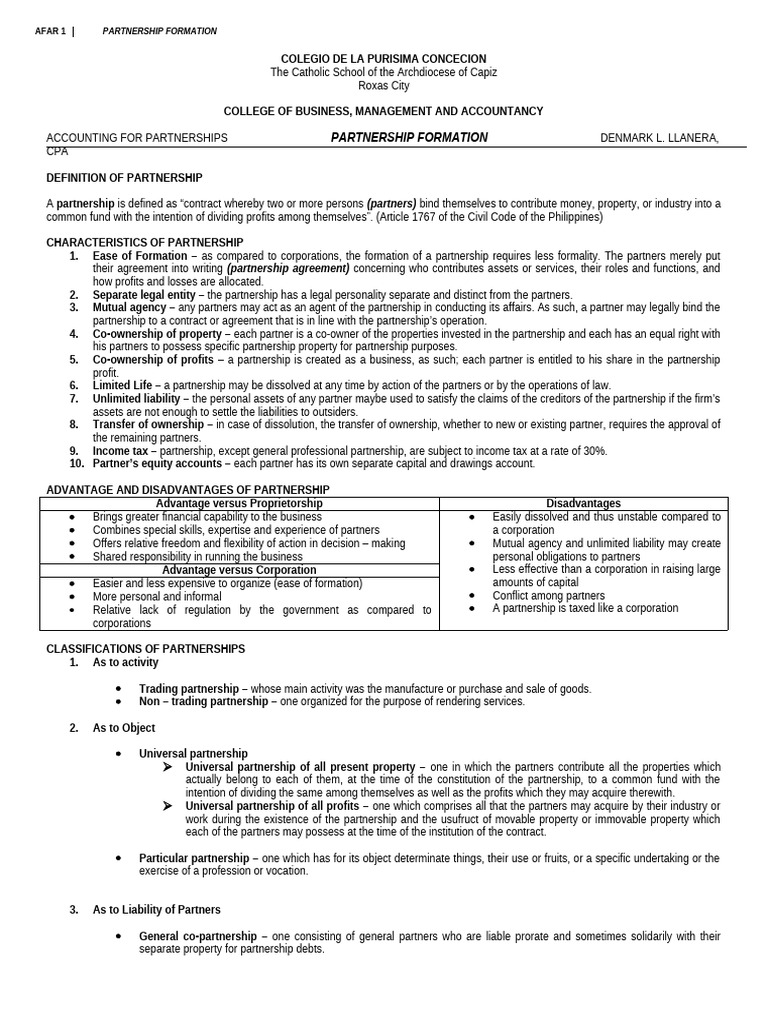 AFAR 1 Partnership Formation | PDF | Partnership | Debits And Credits