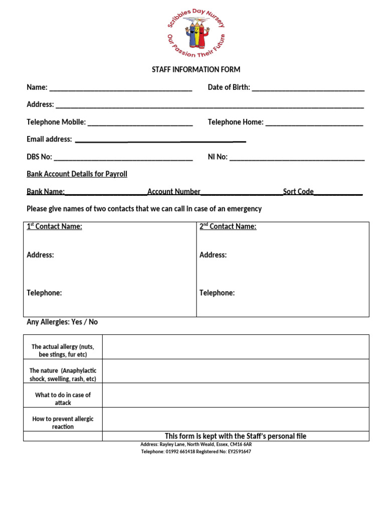 New Staff and Medical Information Form | PDF | Allergy | Dermatitis