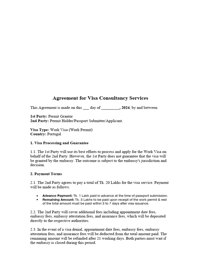 Agreement for Visa Consultancy Services | PDF | Travel Visa | Payments