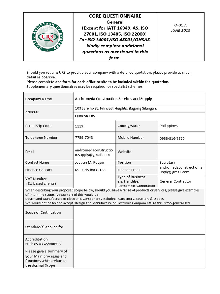 URSP O-01.A Core Questionnaire - General June 2019 Philippines - ACSS | PDF