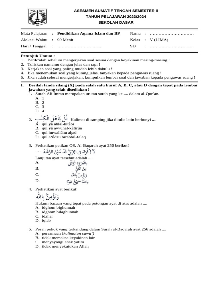 SOAL STS II KELAS V PAI 2024 | PDF