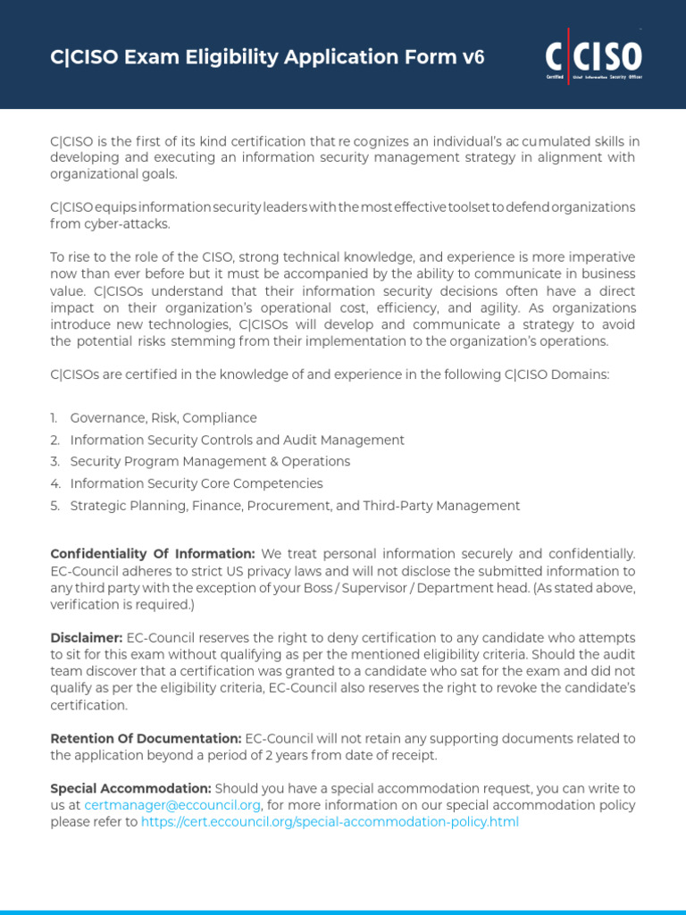 CCISO Exam Eligibility Form v6 | PDF | Information Security | Confidentiality