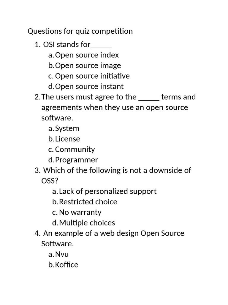 Open Source Software Quiz Questions | PDF | Free Software | Linux
