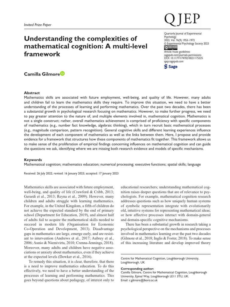 Understanding The Complexities of Mathematical Cognition: A Multi-Level Framework | PDF ...