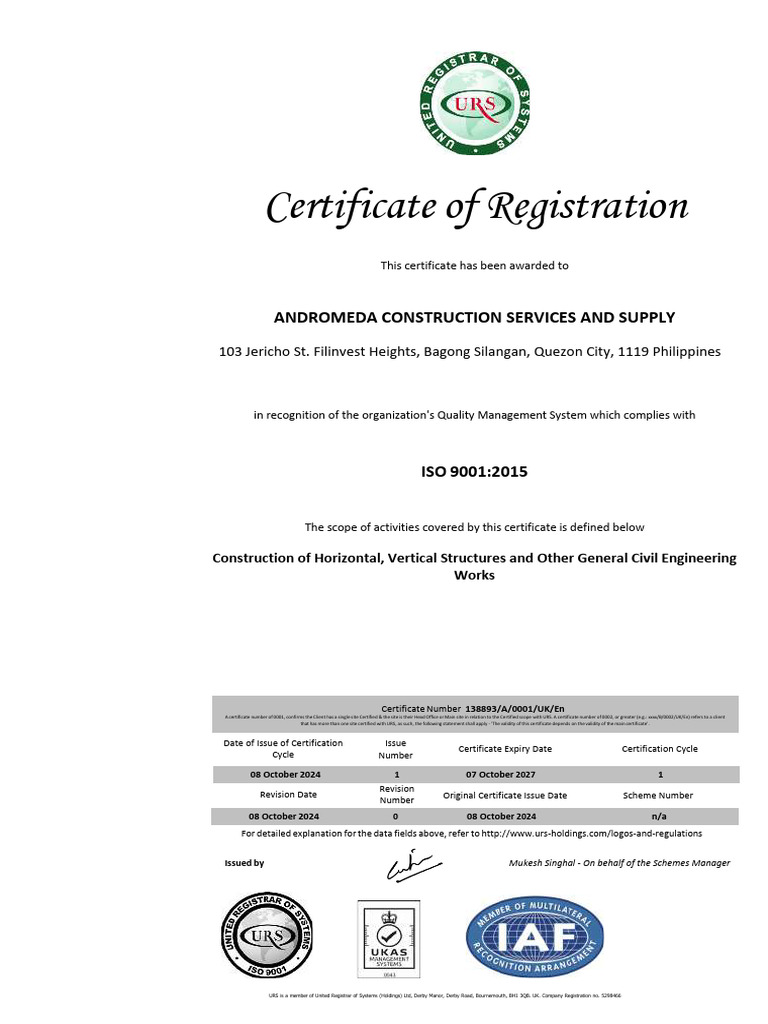 Andromeda Construction - ISO 9001 - 2015 Draft Certificate | PDF