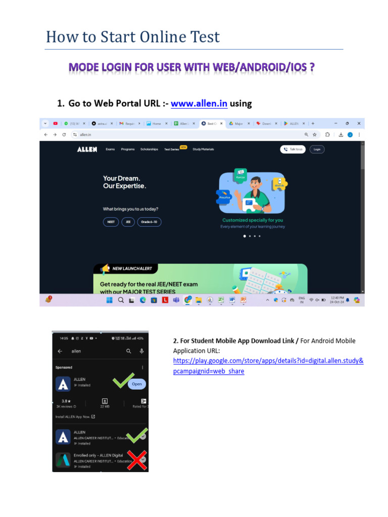 Mode, Login and Online Test Guide Allen Astra | PDF
