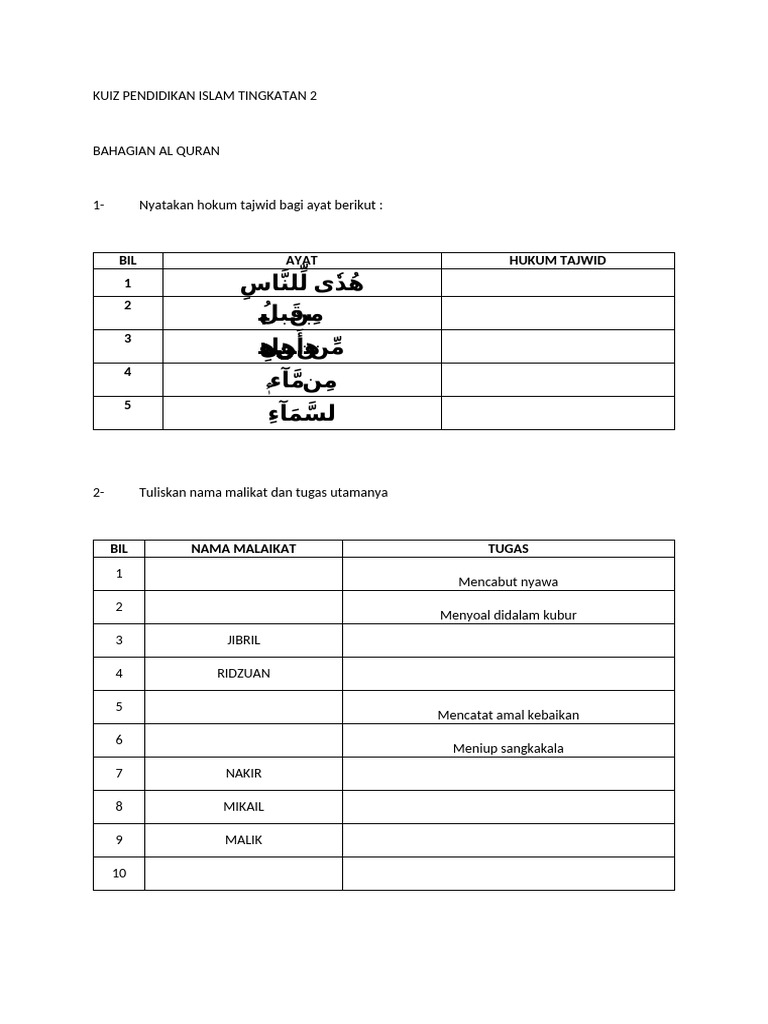 KUIZ PENDIDIKAN ISLAM TINGKATAN 2 | PDF