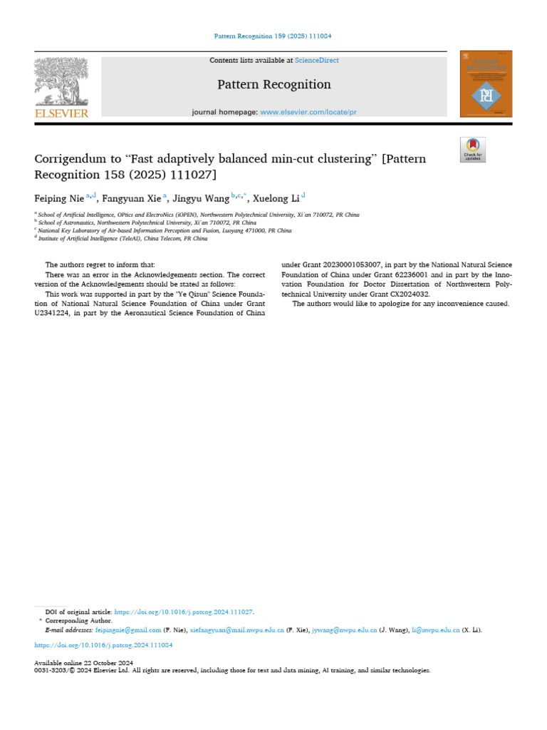 Corrigendum To Fast Adaptively Balanced Min Cut Clustering - 2025 - Pattern Rec | PDF
