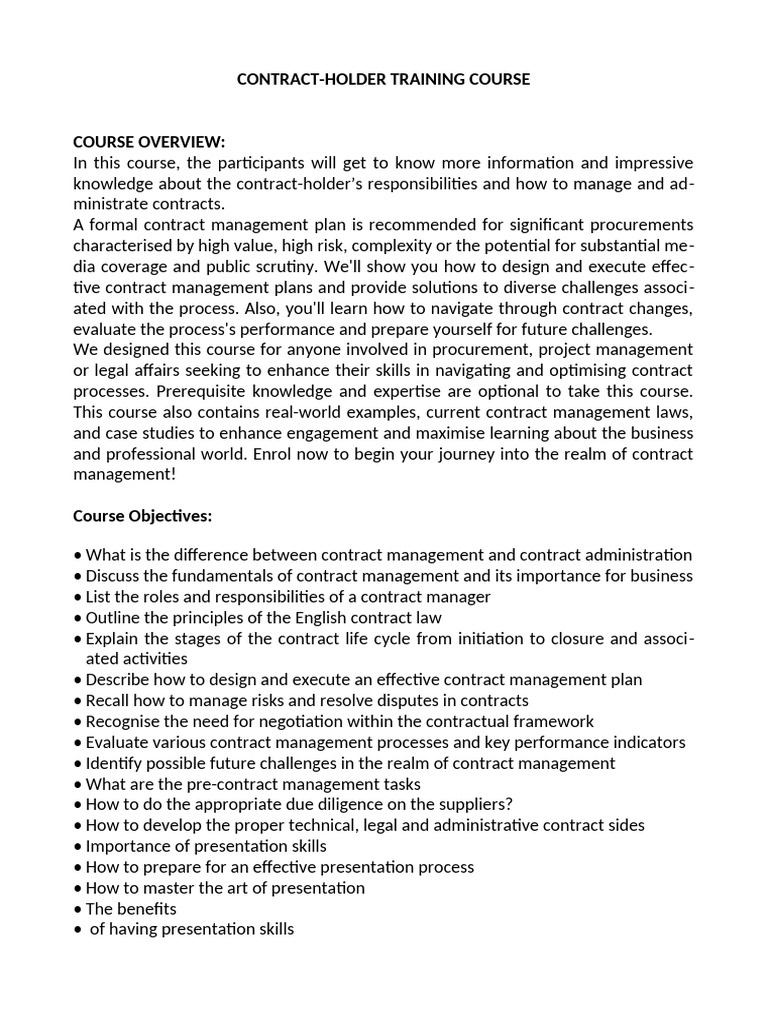 Contract Management Training Course | PDF | Negotiation | Procurement