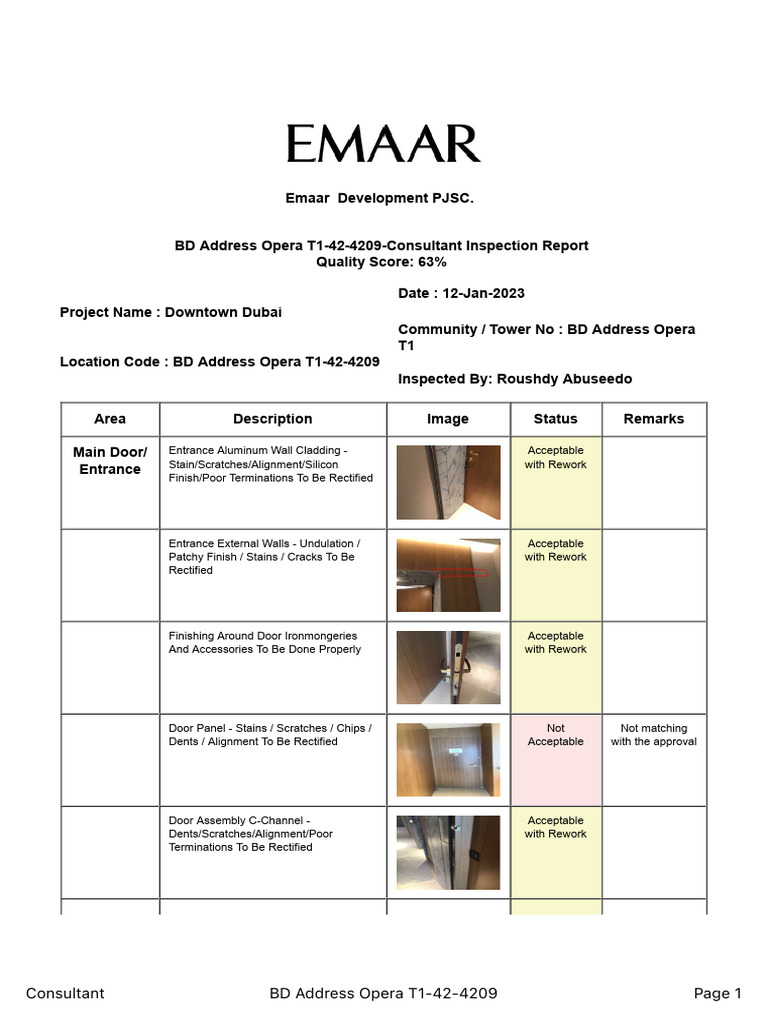 BD Address Opera T1-42-4209-Consultant Inspection Report | PDF | Door ...