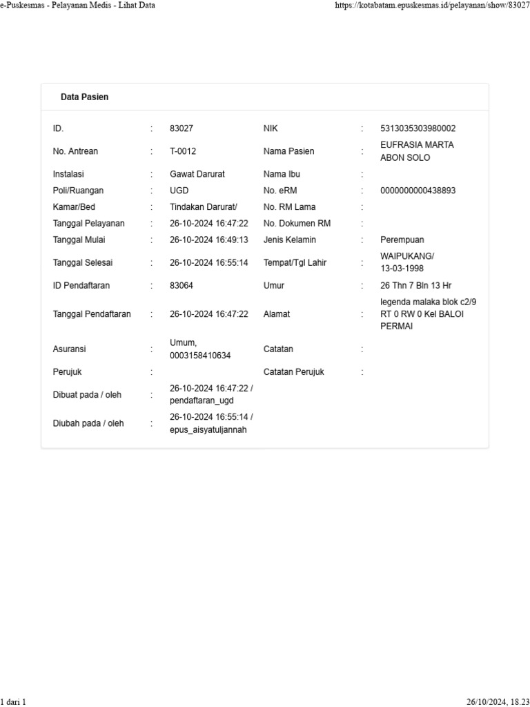 E-Puskesmas - NY. M - Lihat Data | PDF
