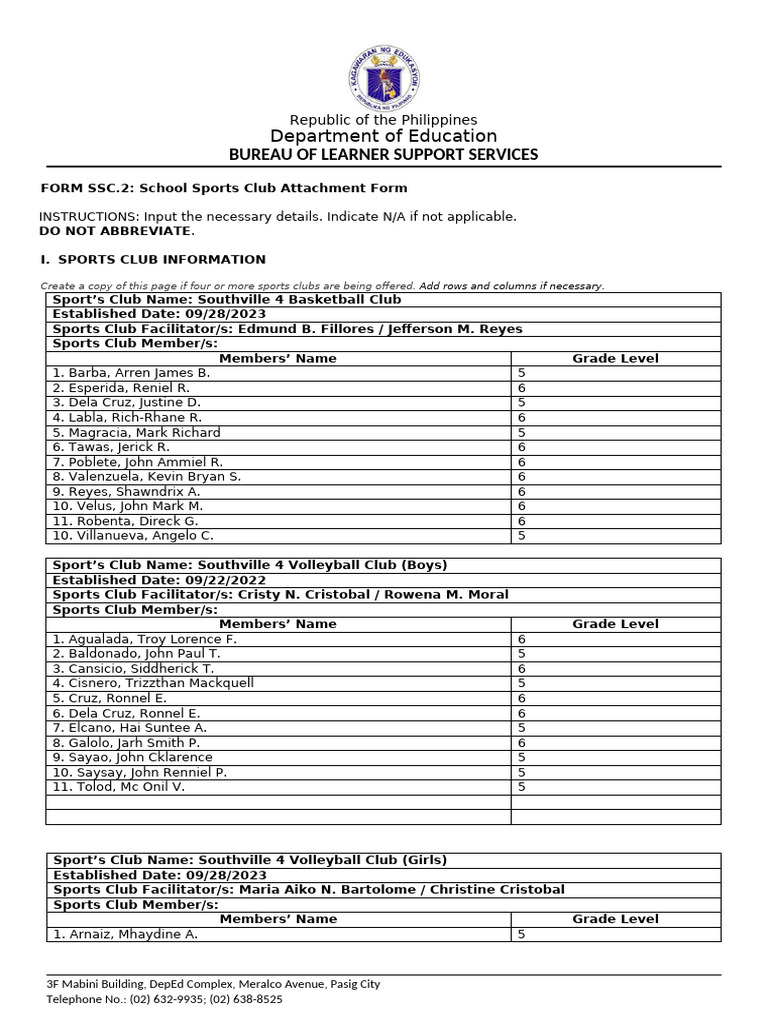 SSC.2 School Sports Club Form | PDF | Sports | Entertainment