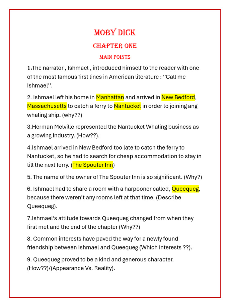 Moby Dick Chapter 1 Main Points | PDF