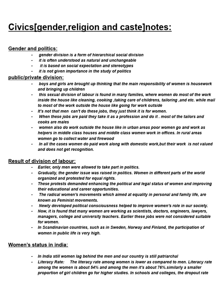 CIVICS [GENDER ,RELIGION,AND CASTE] NOTES | PDF | Woman | Caste