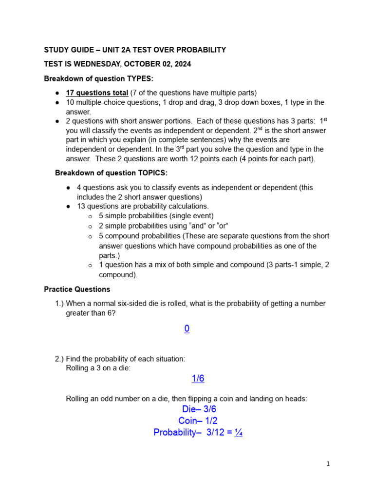 AMDM Unit 2a (Probability Test) Study Guide | PDF | Odds