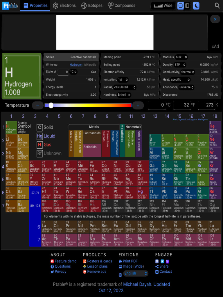Hydrogen Element Properties Guide | PDF | Hydrogen | Atoms