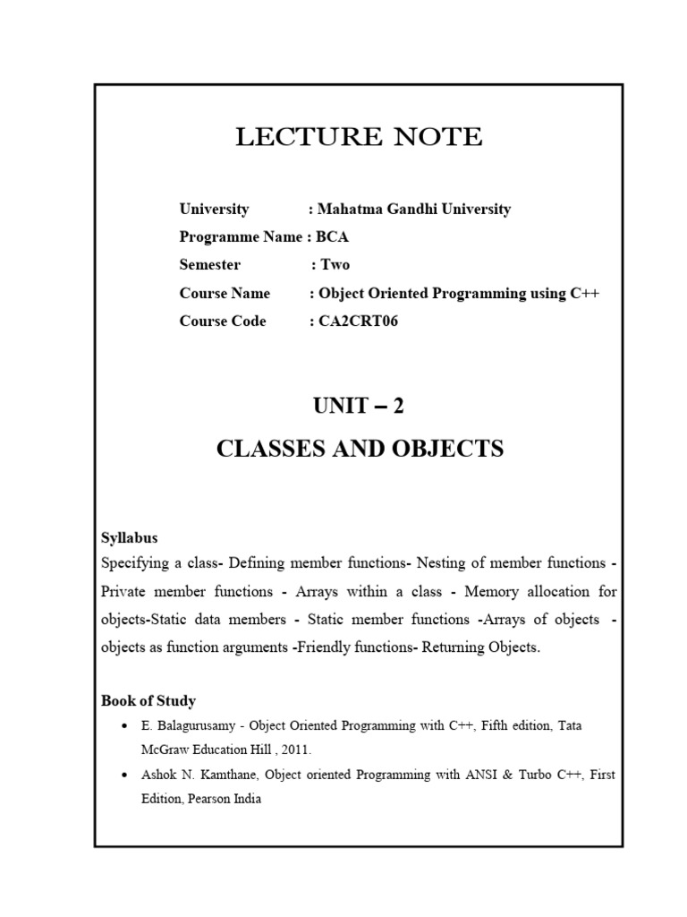Cpp Lecture Notes Unit 2 Pdf Class Computer Programming C