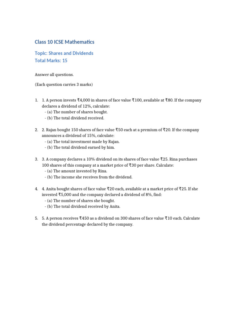 ICSE Class10 Shares and Dividends Question Paper | PDF