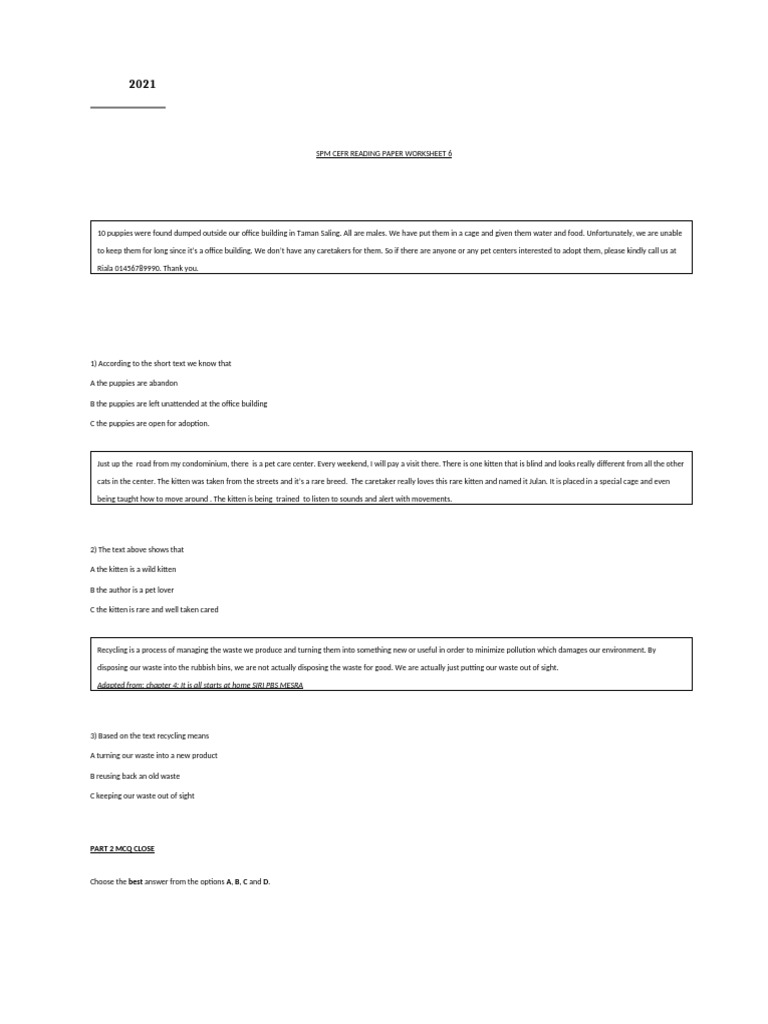 SPM Cefr Reading Paper Worksheet 6 | PDF | Length