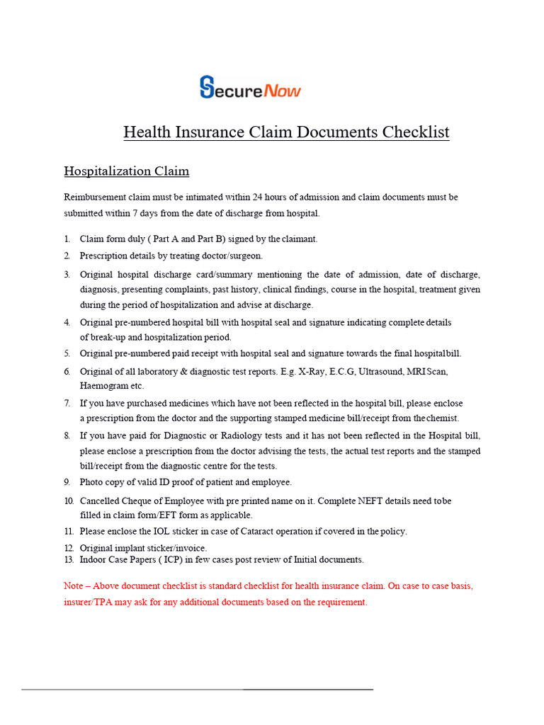 Securenow Docs Checklist | PDF | Hospital | Medical Imaging