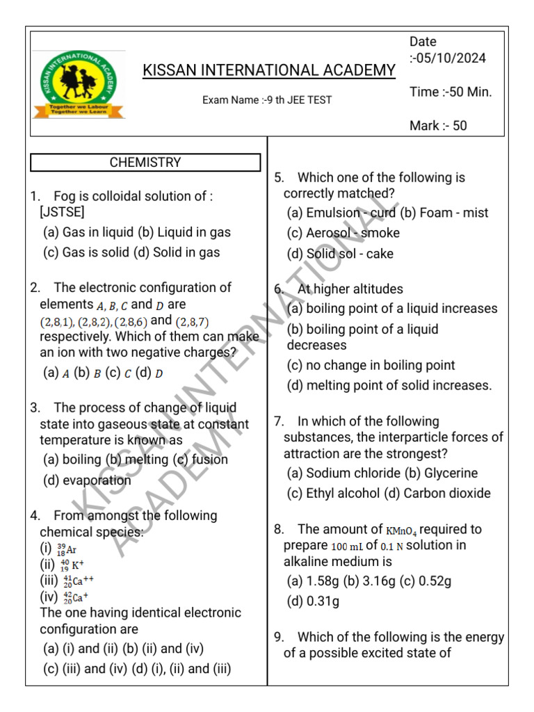 9 Jee Practice Test | PDF | Gases | Atoms