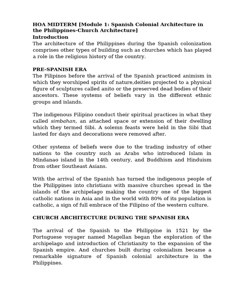 MIDTERM_HOA 4_Module 1_PHILIPPINE CHURCH ARCHITECTURE IN SPANISH ERA | PDF