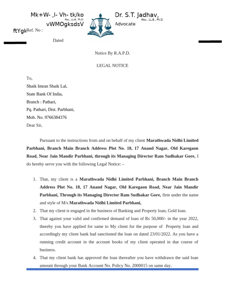 Legal Notice for Loan Recovery in Parbhani | PDF | Guarantee | Banks