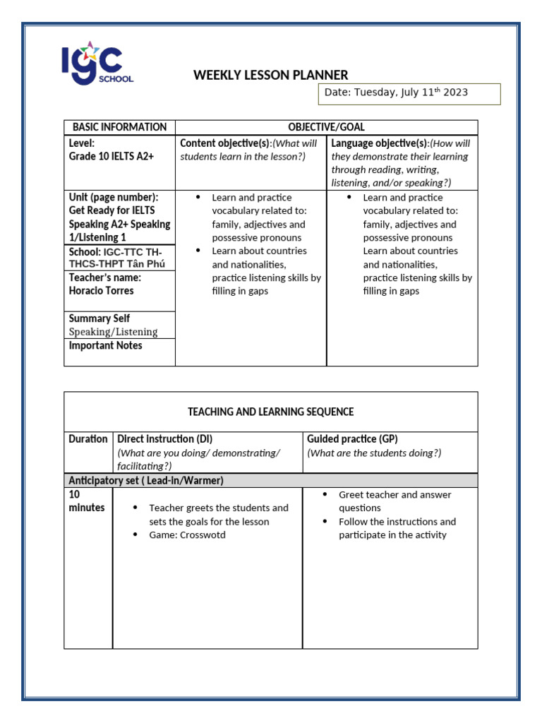 Grade 10 IELTS A2+ Weekly Lesson Plan | PDF | Learning | Languages