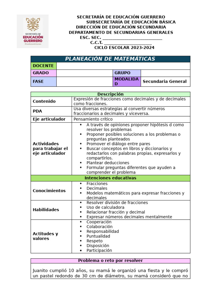 Ejemplo Planeacion Abp en Matematicas | PDF