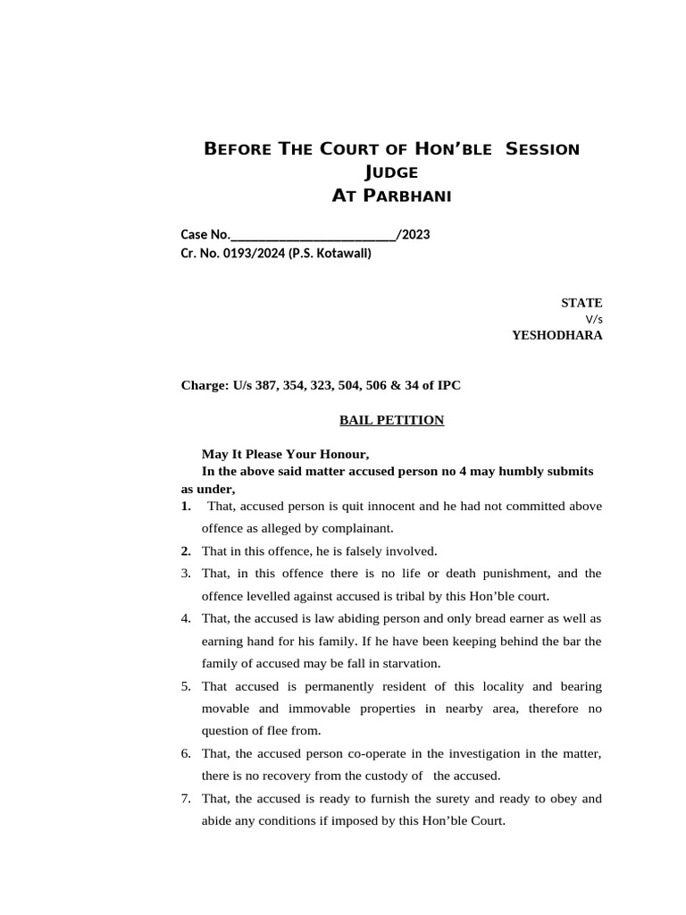 Bail Petition for Accused Yeshodhara | PDF | Law