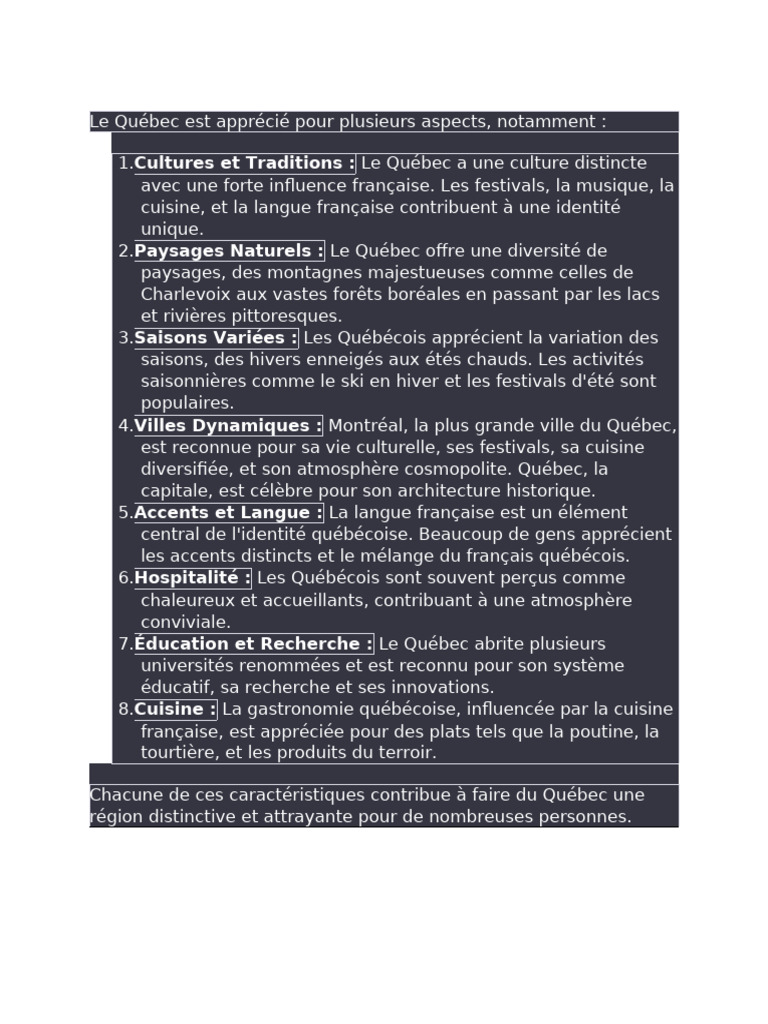 Quest Ce Que Vous Aimez Le Plus Au Quebec | PDF