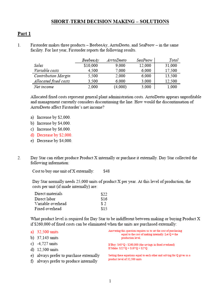 2 - Short-Term Decision Making - SOLUTIONS | PDF | Profit (Economics ...