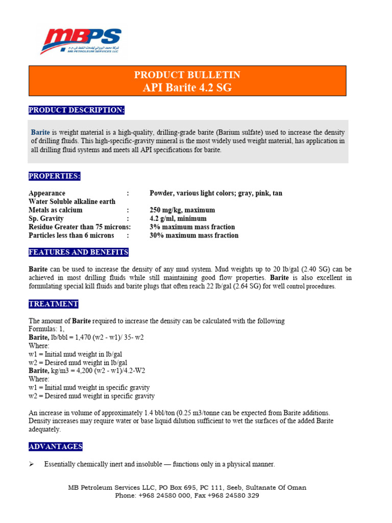 API Barite 4.2 SG Pds | PDF | Density | Materials API Barite 4.2 SG Pds | PDF | Density | Materials