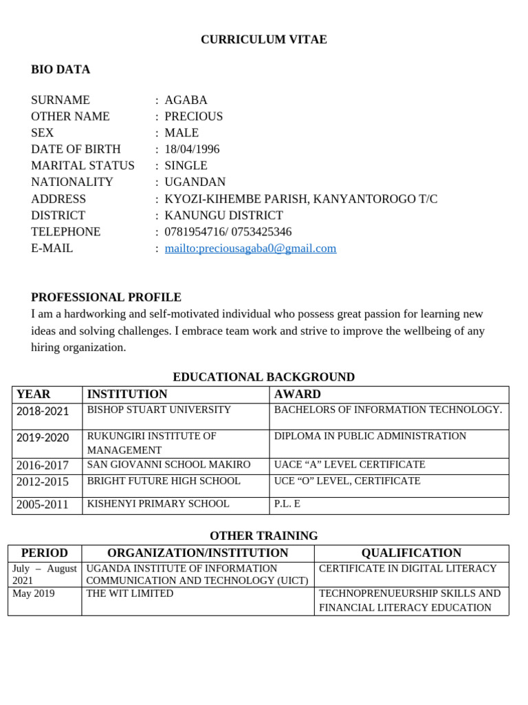 Agaba Precious CV | PDF | Career & Growth