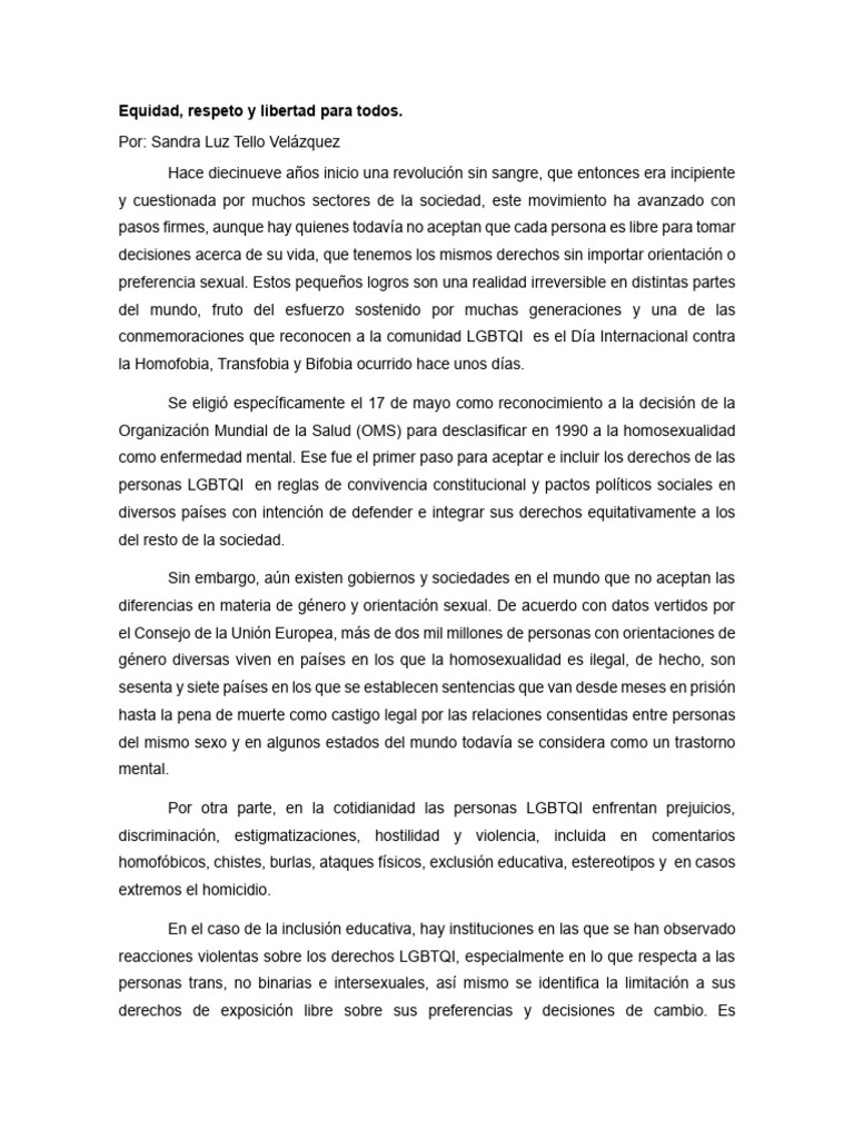 Equidad y Respeto Libertad para Todos Sandra Tello | PDF ...