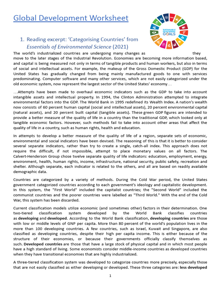 Global Development Worksheet (1) | PDF | Developing Country | Gross ...