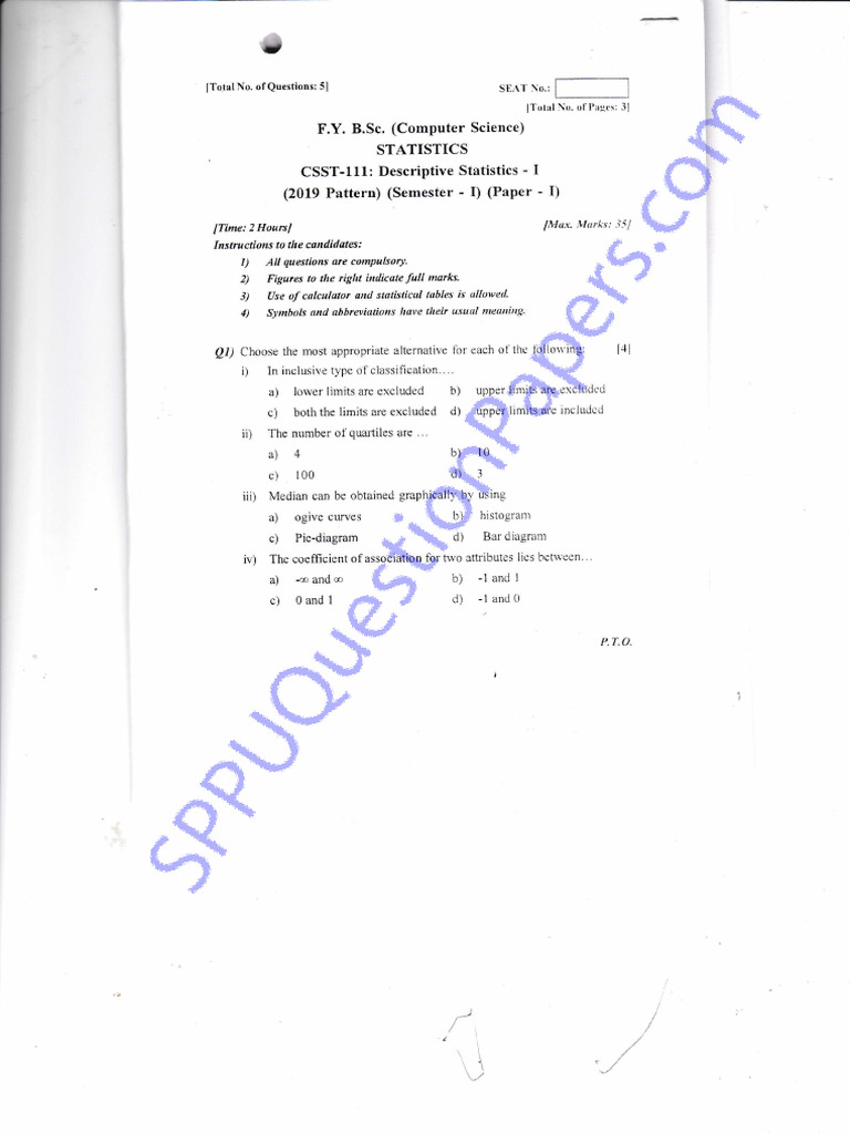 Descriptive Statistics Exam Paper B.Sc. | PDF | Statistics ...