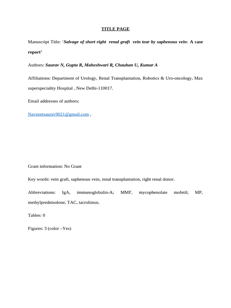 Saphenous Vein Graft in Kidney Transplant | PDF | Vein | Kidney Transplantation