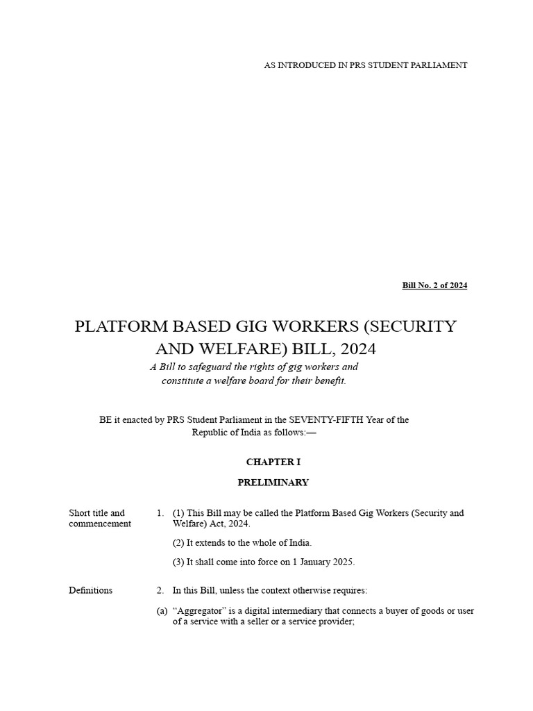 Student Parliament - Gig Workers Bill | PDF | Employment | Welfare