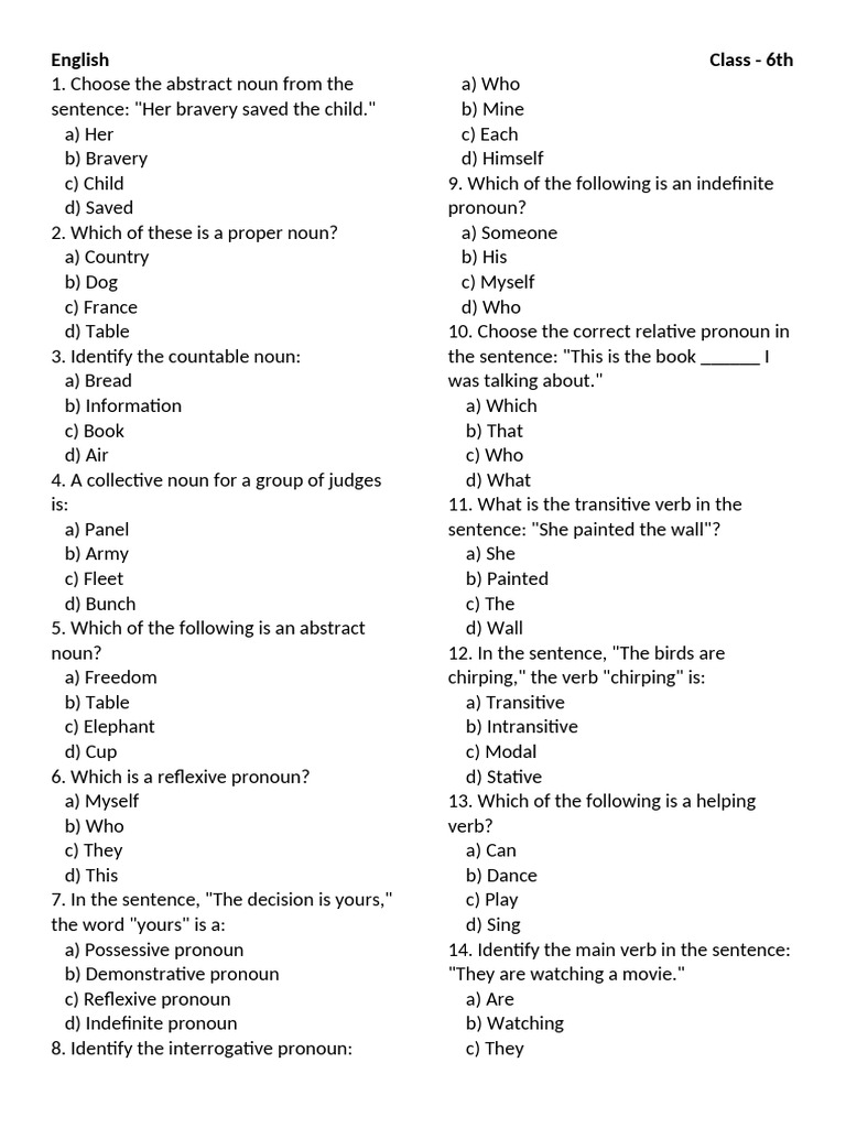 6th Grade English Grammar Quiz | PDF | Verb | Pronoun