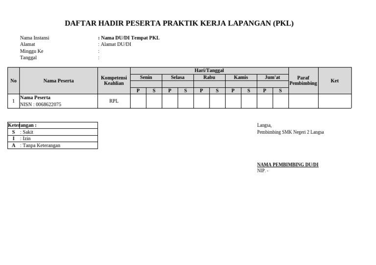 Lampiran A2 Absen Harian PKL 2024 | PDF