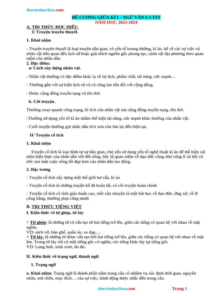 De Cuong On Tap Giua HK1 Ngu Van 6 CTST | PDF